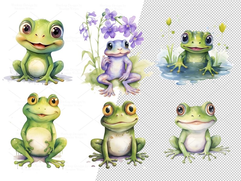 24 Digital Watercolor Cute Frog Clip Art Set, Cute Frog Sticker, Shirt ...