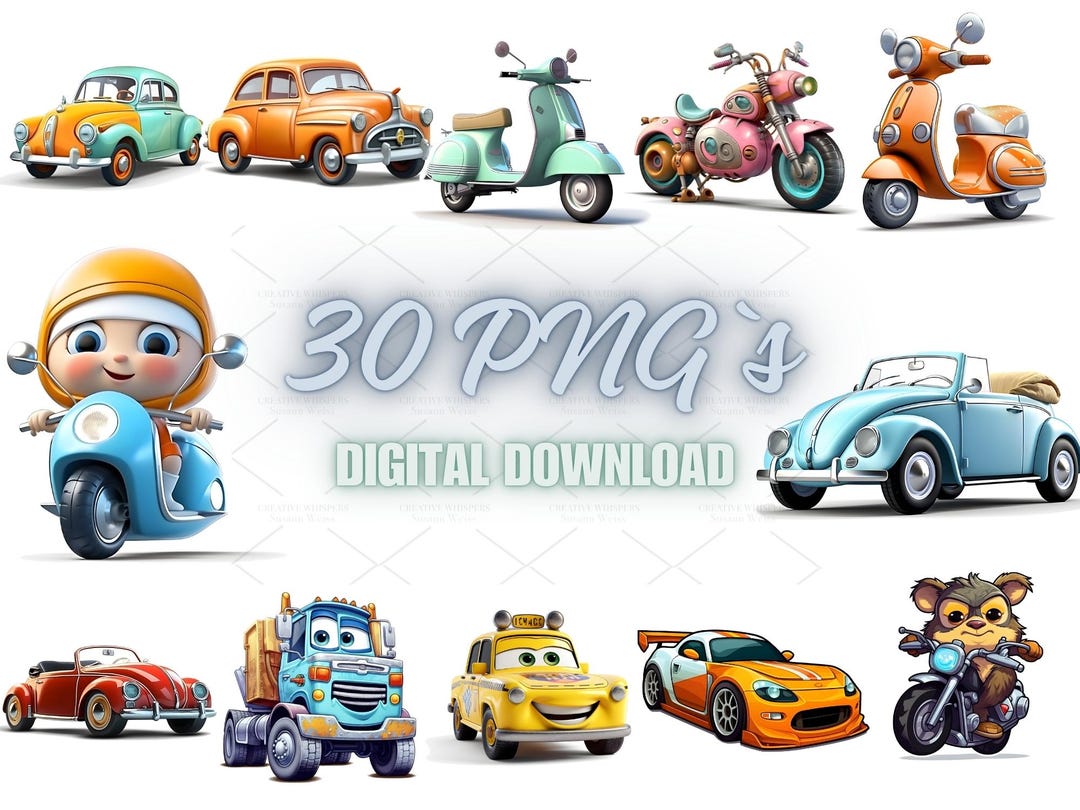 Cartoon Vehicle Clipart: Car, Bike & Scooter Stickers (PNG Digital ...