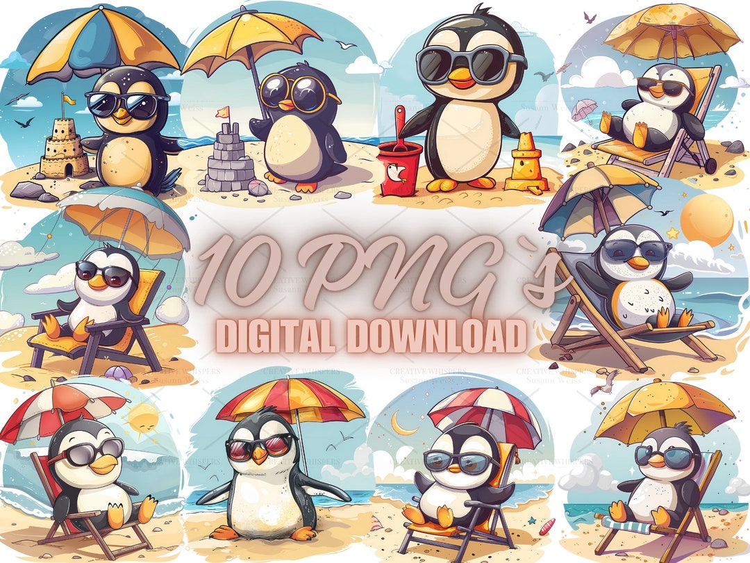 Penguin on the Beach in Summer, Clipart Bundle- 10 High Quality Pngs ...