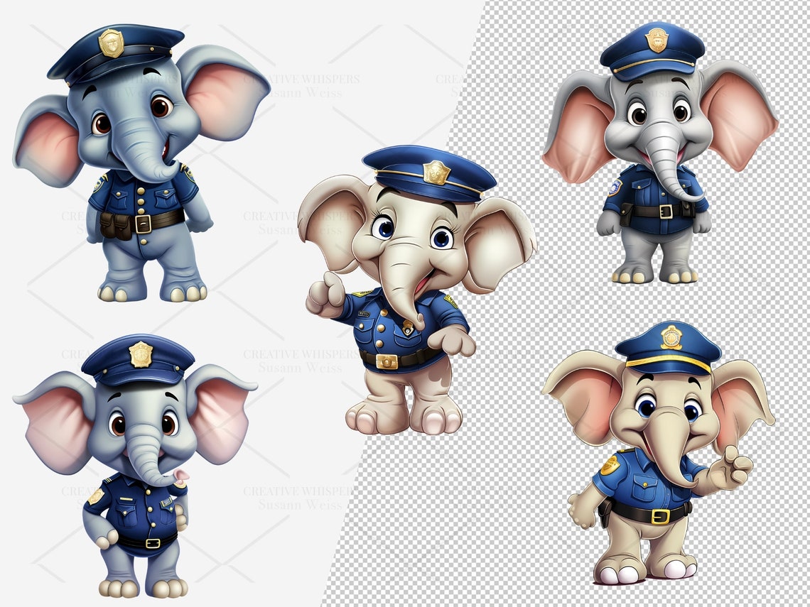 20 Police Elephant Clipart Set – Cute Officer Elephants in Uniform ...