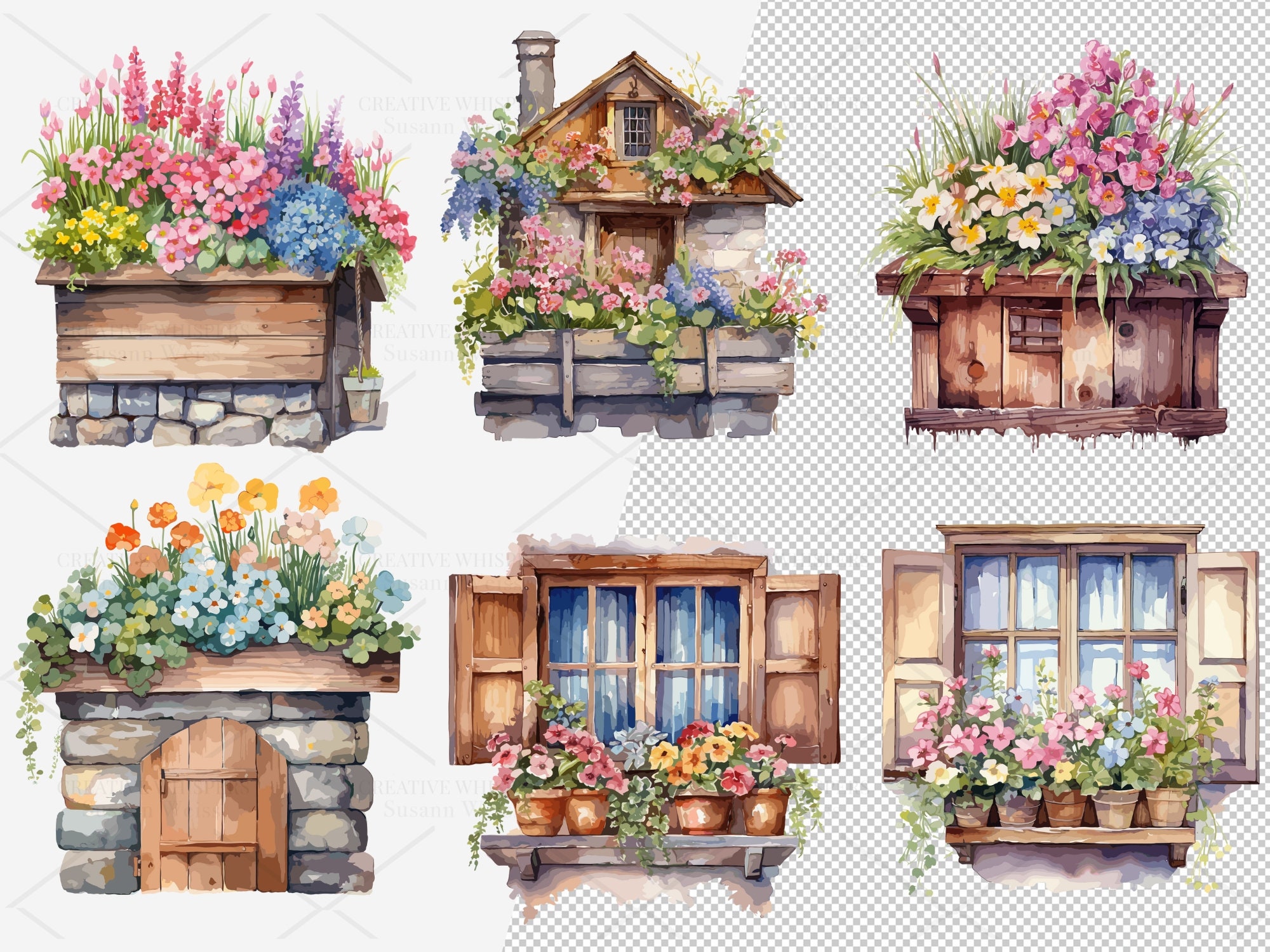 24 Watercolor Vintage Flower Box SVG, PNG, Window With Flower Box ...