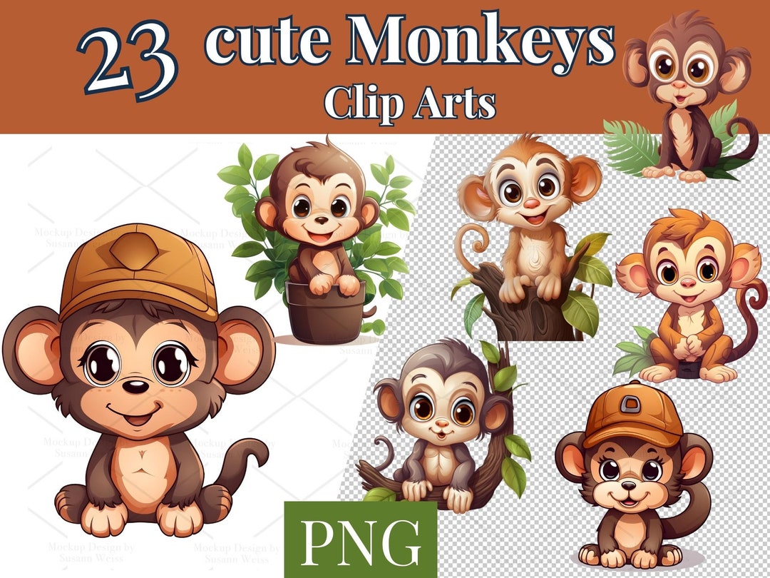 Digital Set of 23 Cute Monkey PNG, Sticker Clipart Cute Monkey, Cute ...