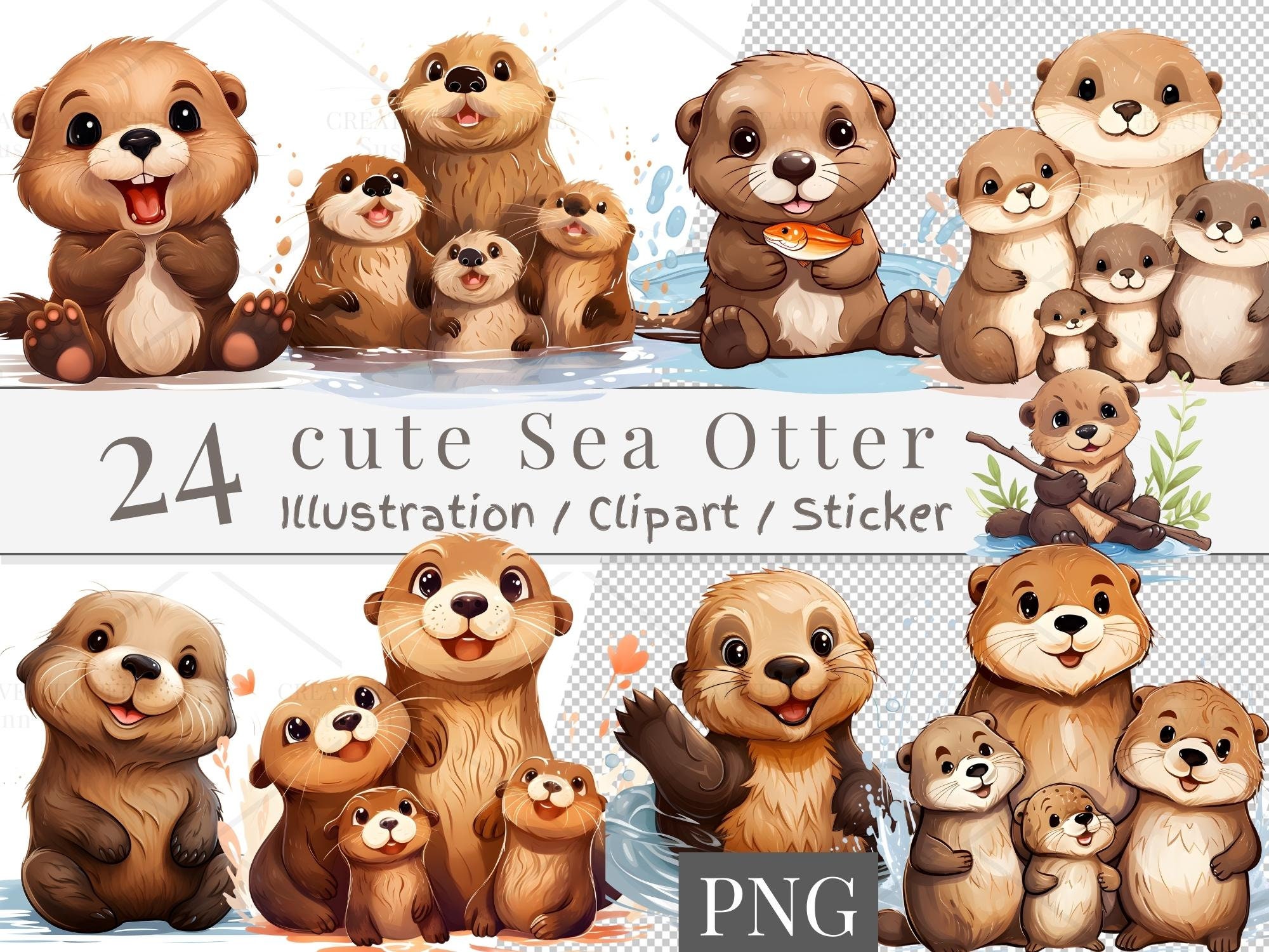 24 Digital Cute Sea Otter Clip Art Set, Cute Sea Otter Sticker ...