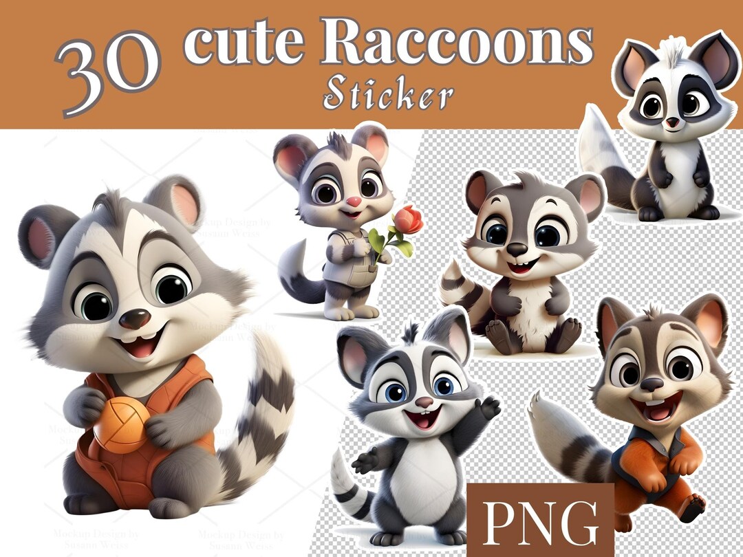 30 Digital Cute Raccoon Clip Art Set, Cute Raccoon Sticker, Sublimation ...