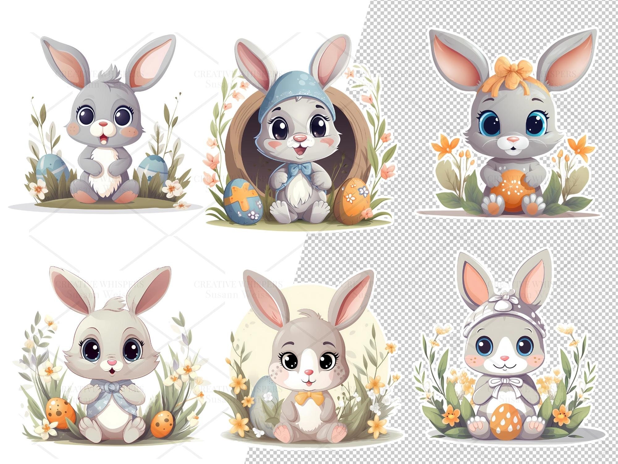 24 Digital Cute Easter Bunny Clip Art Set, Cute Easter Bunny Sticker ...