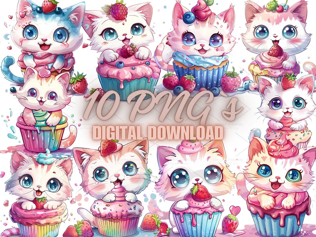 Cute Ice Cream Cat Sticker, Clipart Bundle- 10 High Quality Pngs ...