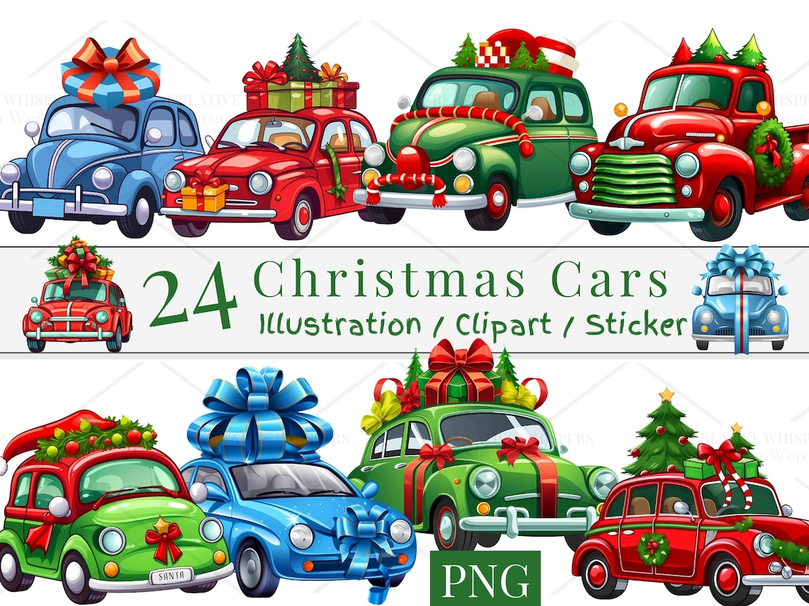 24 Digital Christmas Car Clip Art Set, Christmas Car Sticker ...