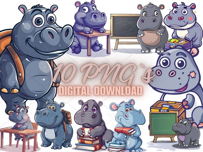 Cute Hippo School Cartoon, Clipart Bundle- 10 High Quality Pngs ...