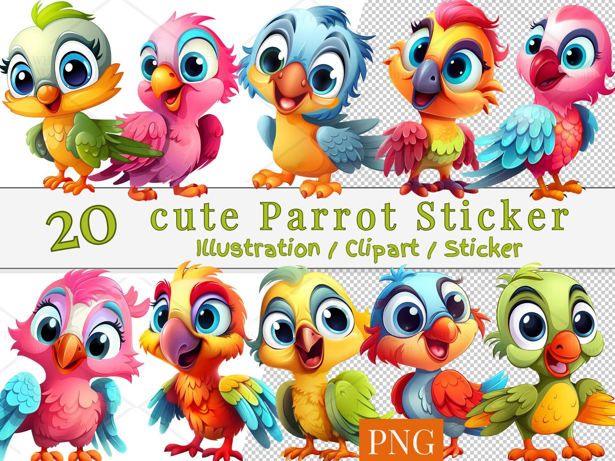 20 Digital Cute Parrot Colorful Set, Parrot Sticker, Sublimation Design ...