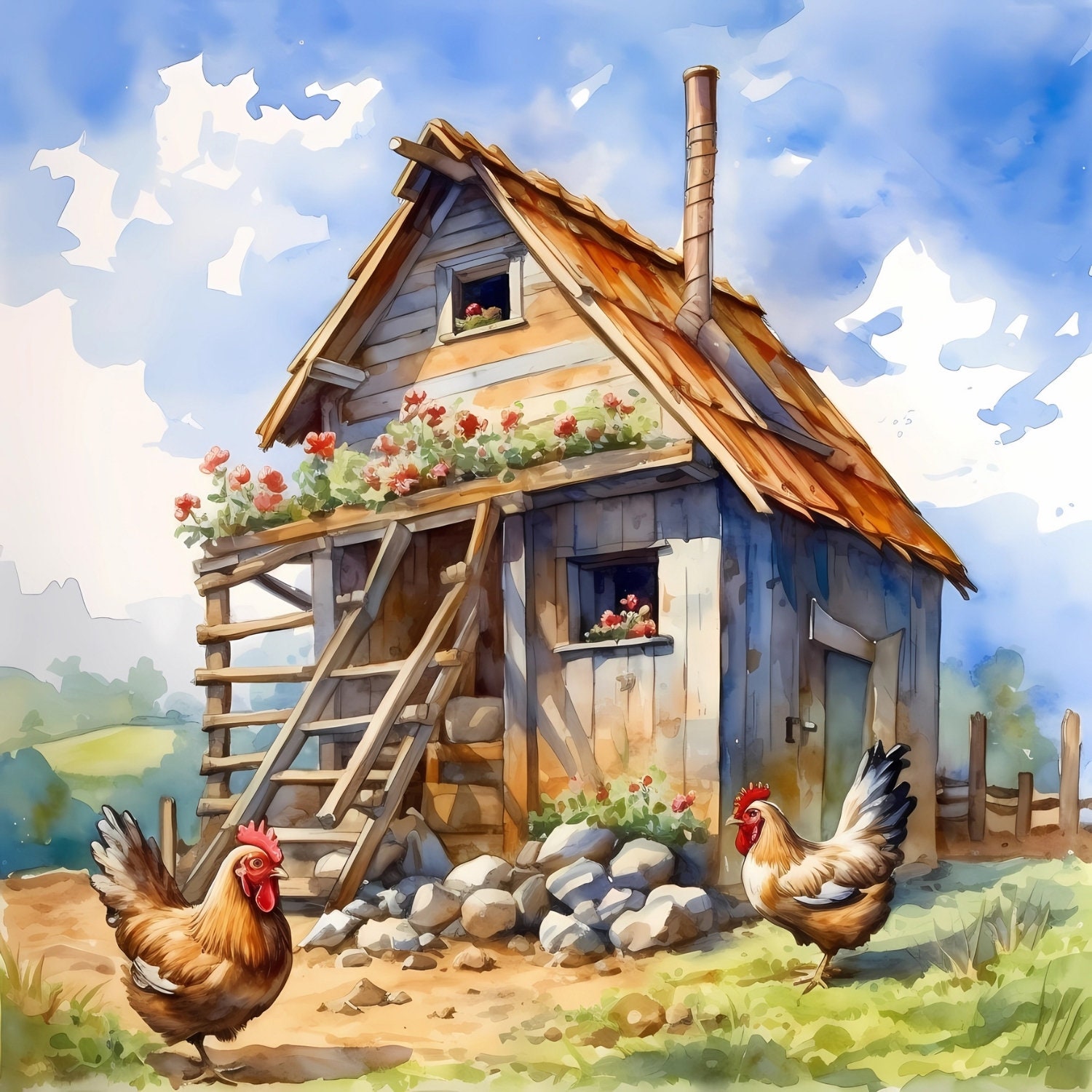 Hen House Chicken Coop Clipart Bundle 10 High Quality Watercolor Jpgs ...