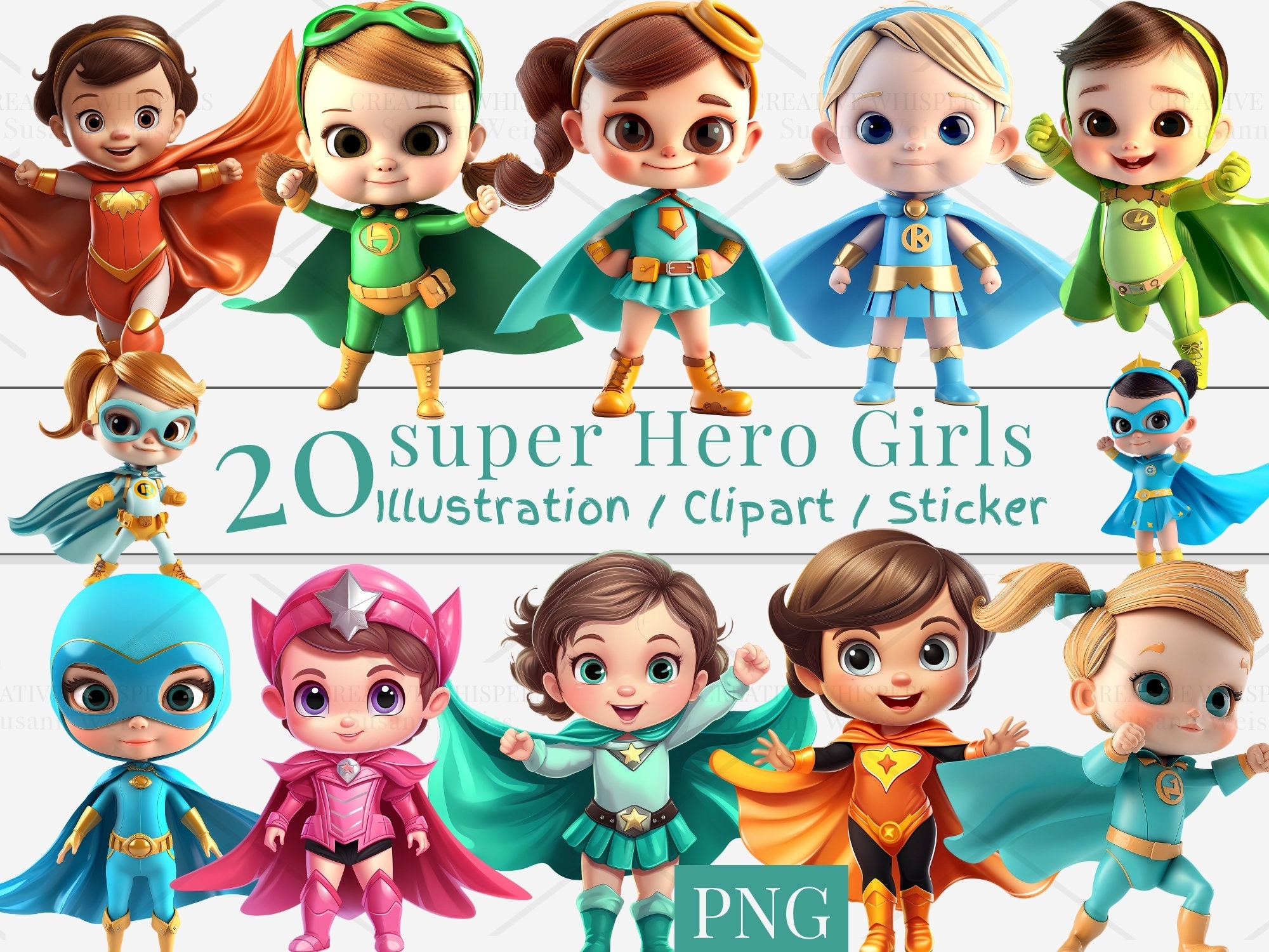 20 Digital Super Hero Girl Clip Art Set, Super Hero Sticker ...