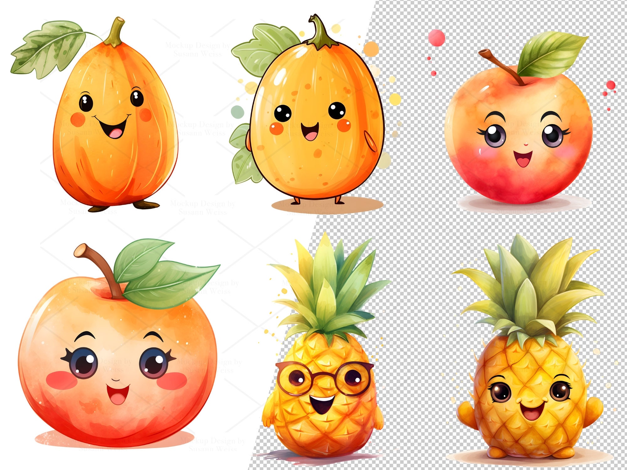 Digital Set of 30 Watercolor Cute Fruit PNG Sticker Clipart - Etsy