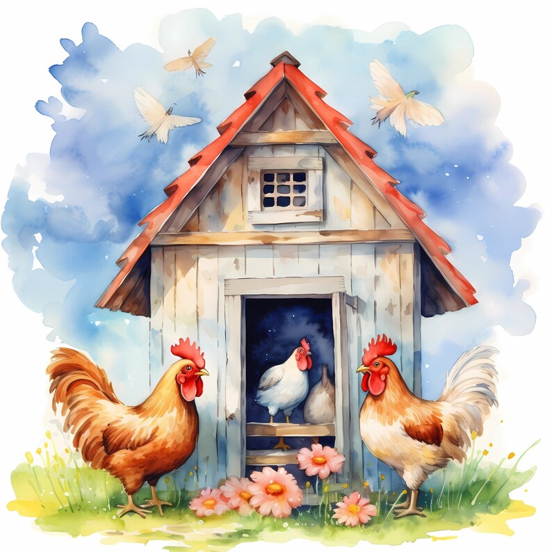 Hen House Chicken Coop Clipart Bundle- 10 High Quality Watercolor Jpgs ...