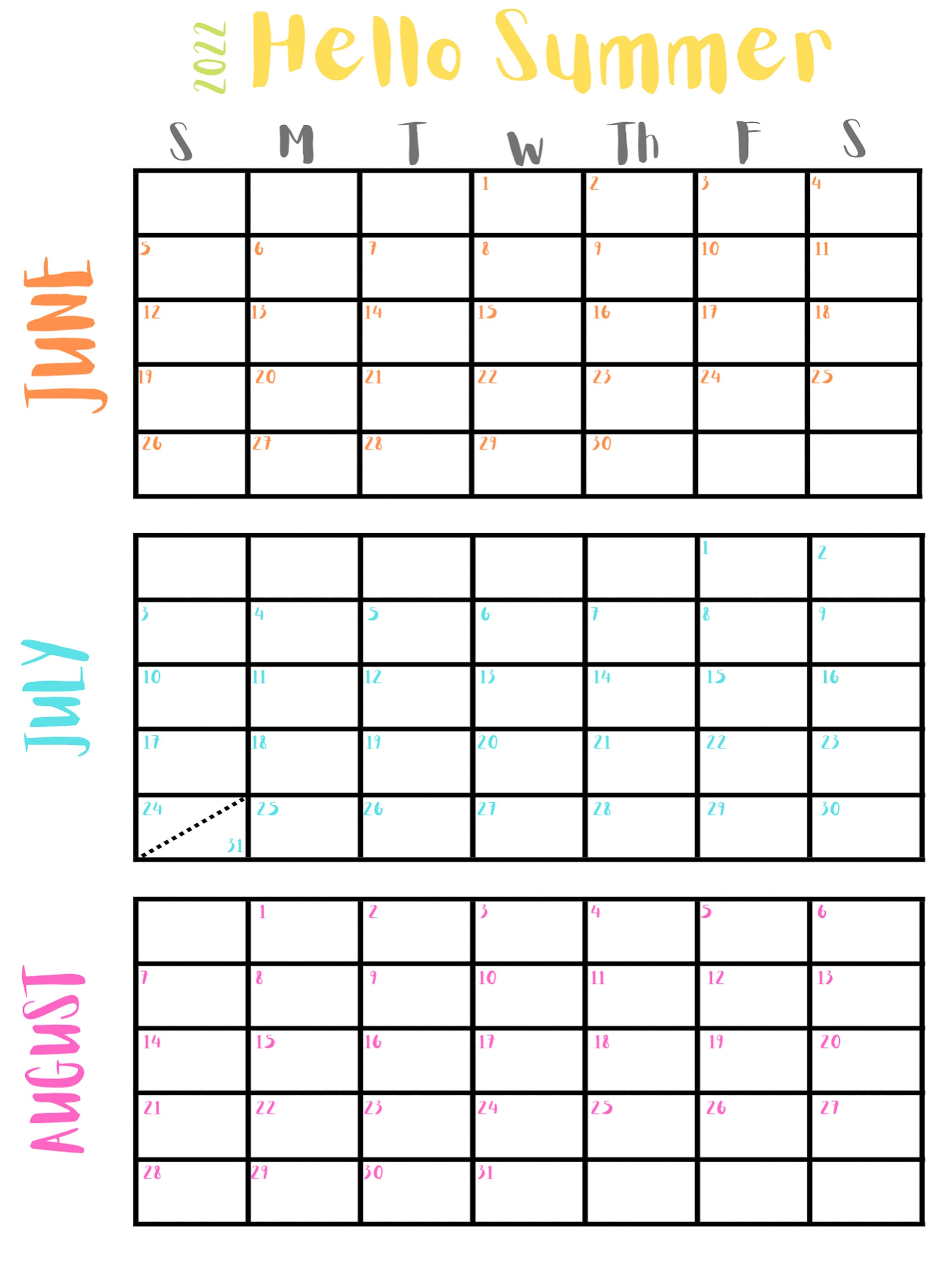 Summer Calendar, Poster, Monthly Calendar, Summer Planner, Planner ...