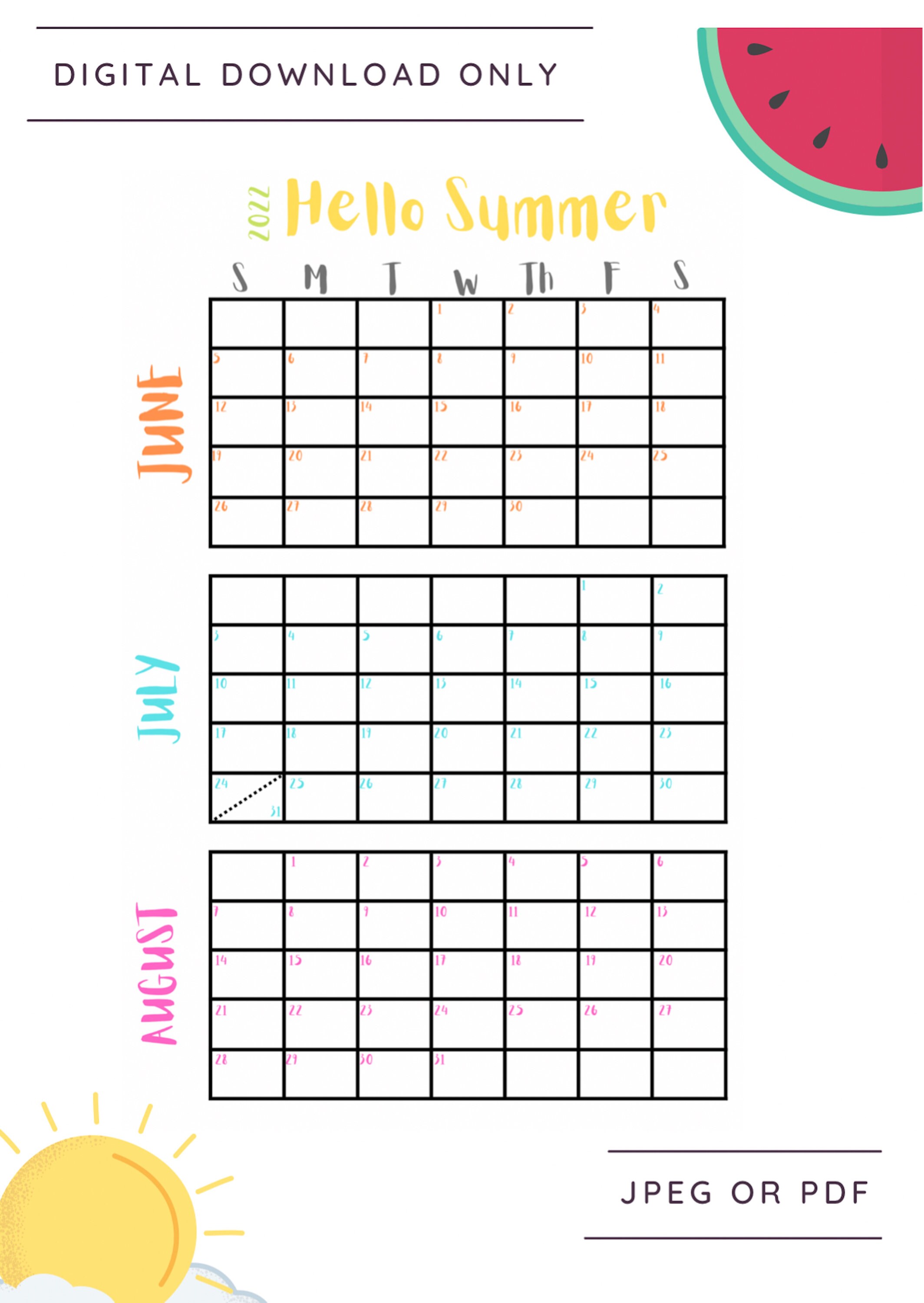 Summer Calendar, Poster, Monthly Calendar, Summer Planner, Planner ...