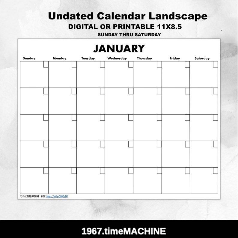 Undated Digital or Printable Landscape Monthly Calendar Sun Thru Sat ...