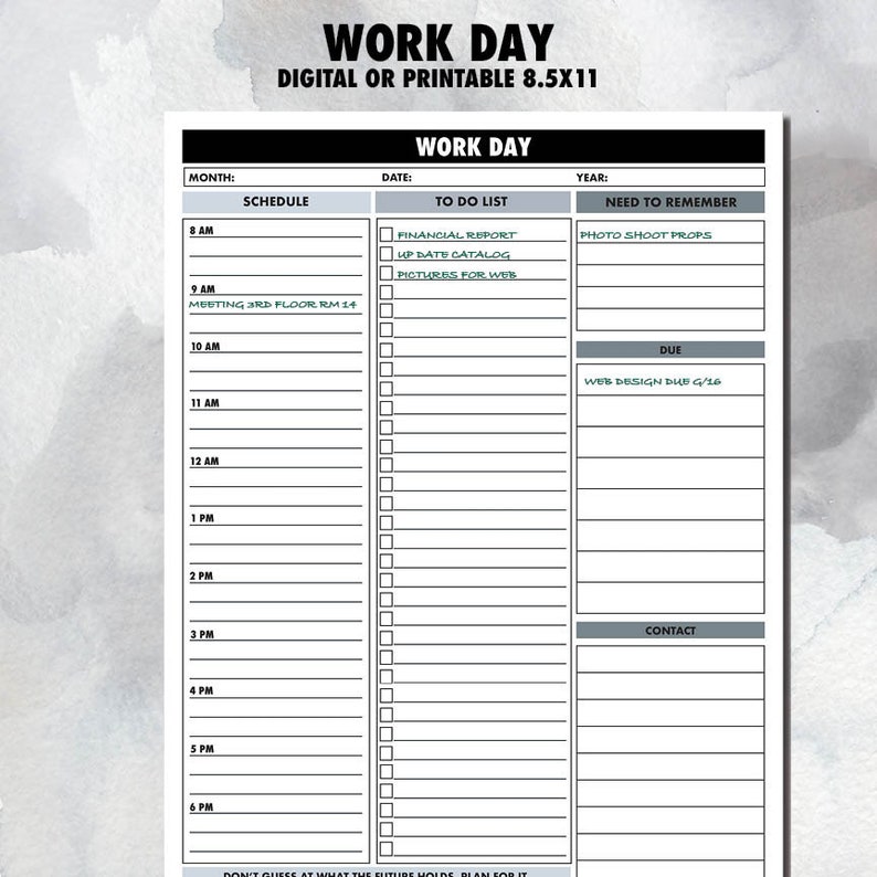 Digital or Printable Work Day Planner 8.5x11 - Etsy