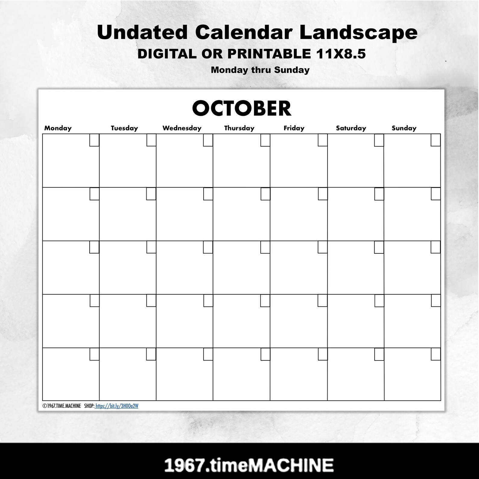 Undated Digital or Printable Landscape Monthly Calendar Sun Thru Sat ...