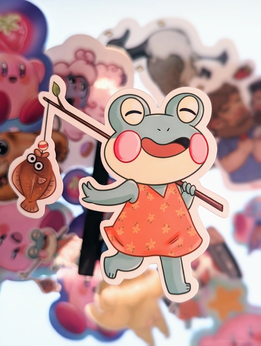 Happy Frog Fishing Sticker, ACNH, Frog Villager, Animal, New Horizons ...