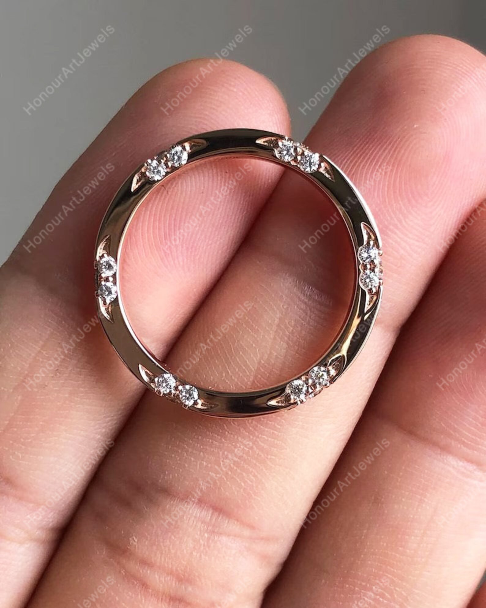 Round Diamond Moissanite Wedding Band, Lacie Band, 14K Rose Gold Unique Band, Flush Set Ring ...