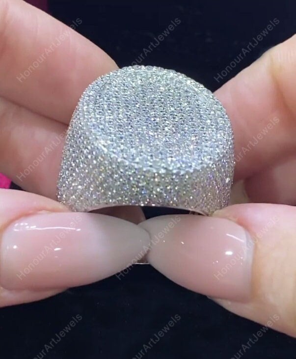 Men's Ring, Round Moissanite Men's Ring, Micro Pave Ring, 925 Sterling Silver Men's Ring, Iced ...