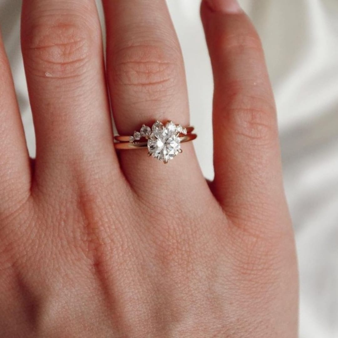 Moissanite Engagement Ring Set, Sterling Silver Round Solitaire, Curved ...