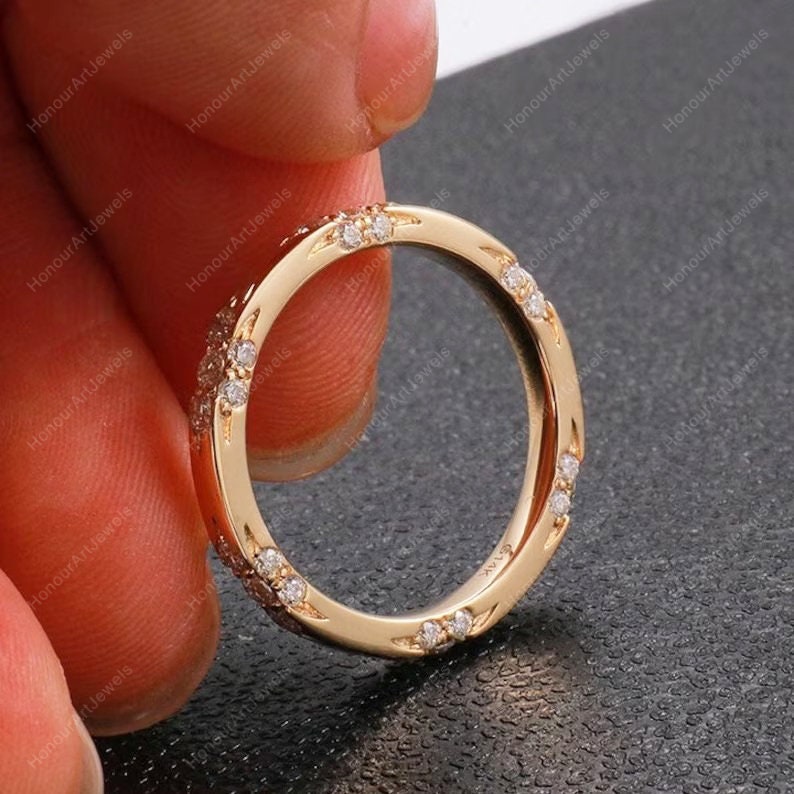 Round Diamond Moissanite Wedding Band, Lacie Band, 14K Rose Gold Unique Band, Flush Set Ring ...