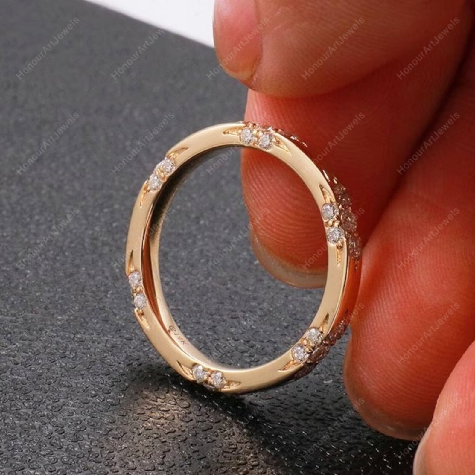 Round Diamond Moissanite Wedding Band, Lacie Band, 14K Rose Gold Unique Band, Flush Set Ring ...