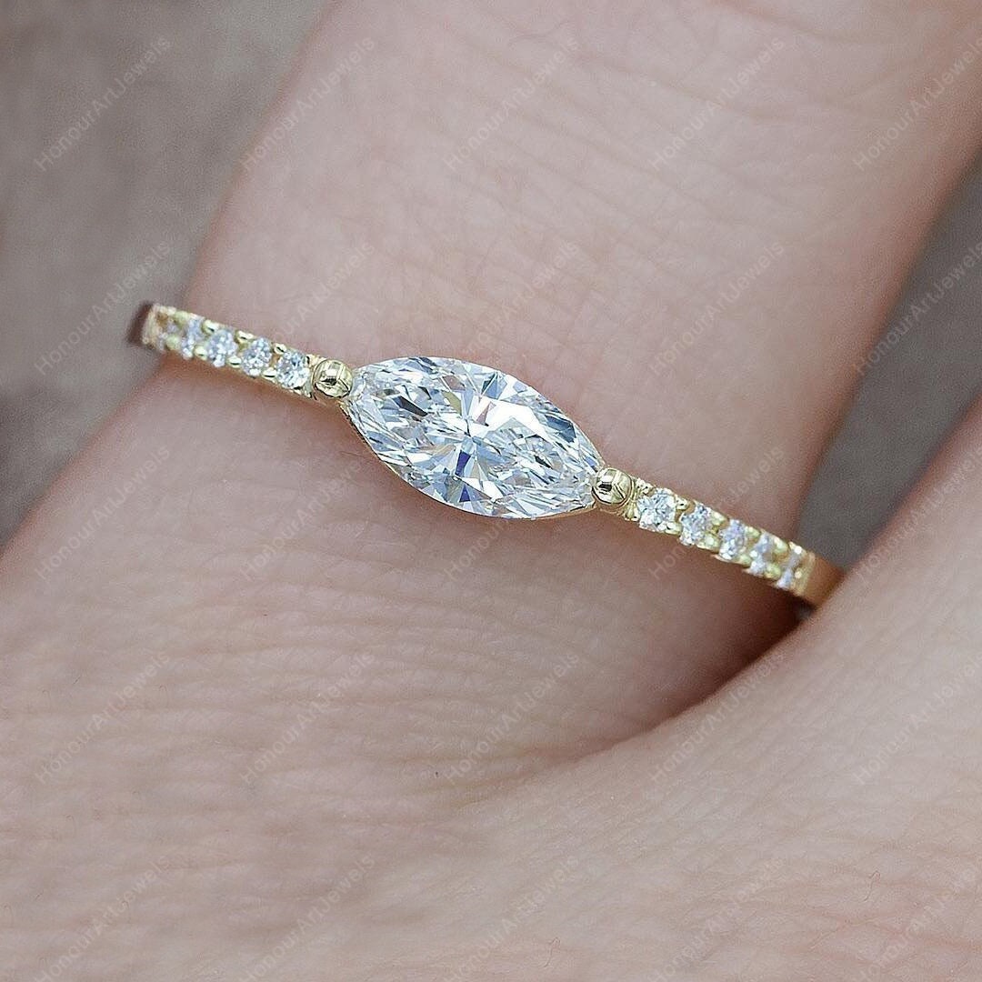 East West Engagement Ring, Marquise Cut Moissanite Wedding Ring, East ...