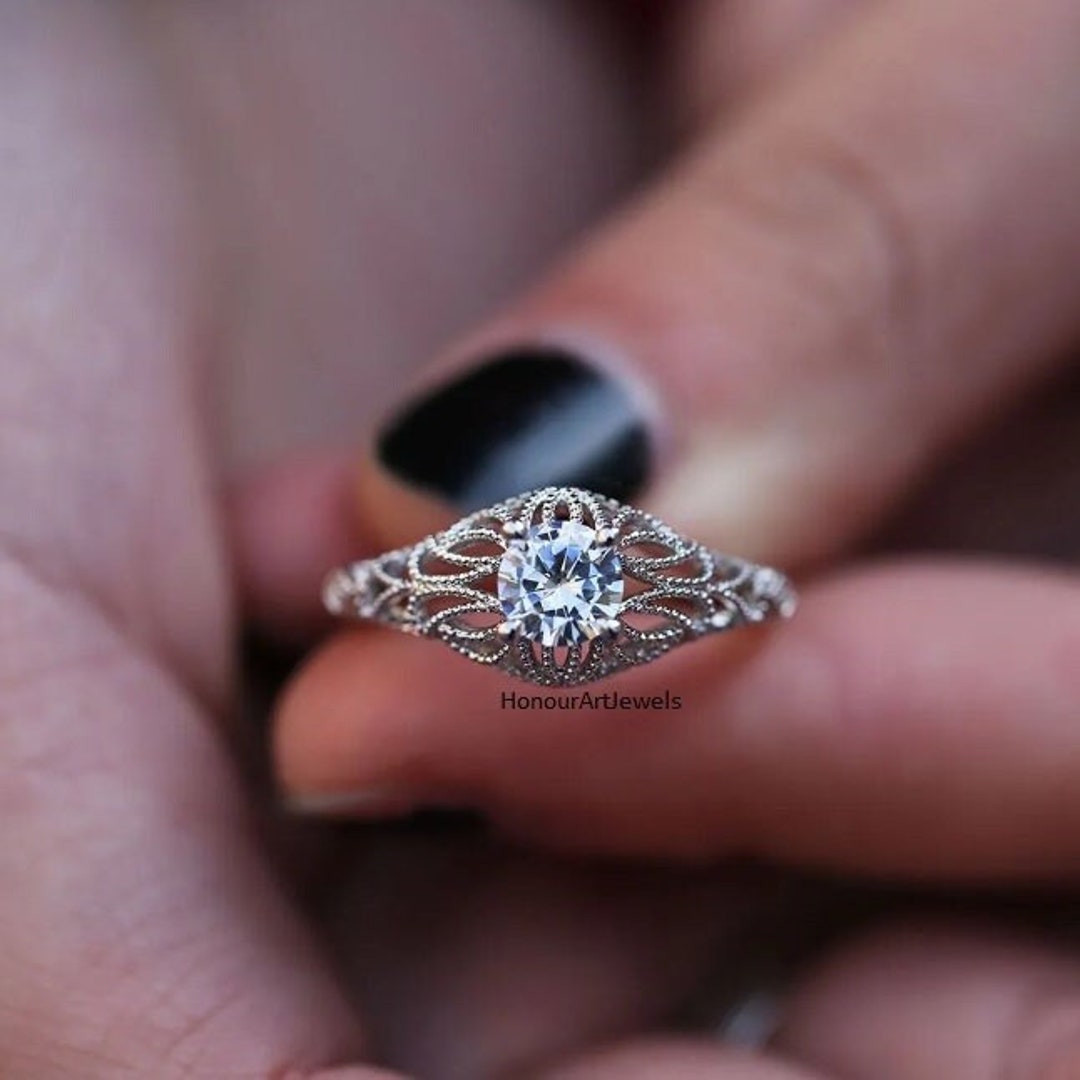 Round Moissanite Diamond Vintage Art Deco Ring, Miligrain Antique Ring ...