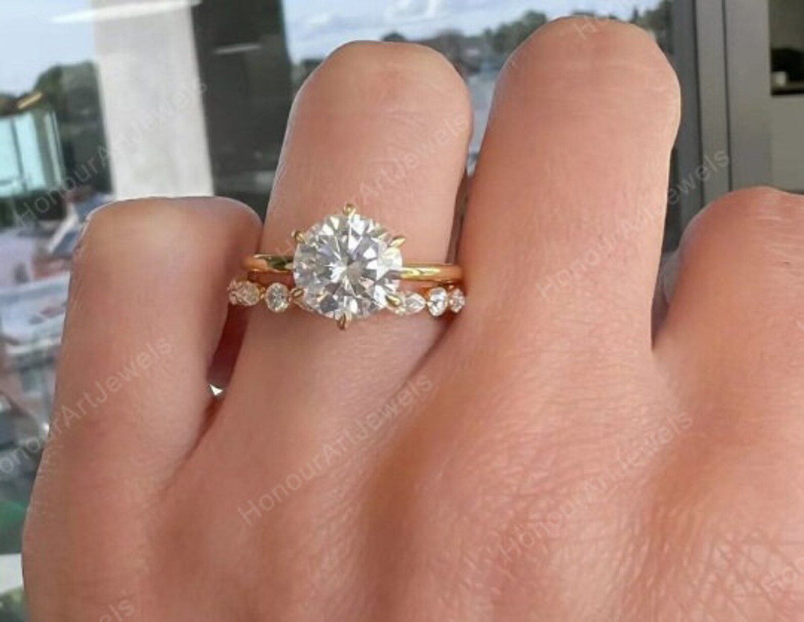 Round Moissanite Engagement Ring Set, 925 Silver Half Eternity Wedding ...