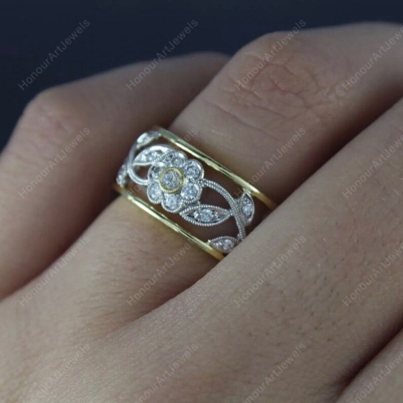Art Deco Vintage Style Wedding Band 14k Gold Band Floral Estate Ring