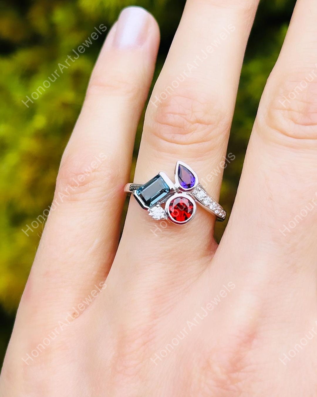 Multi Gemstone Ring, Multi Shape Engagement Ring, Three Colorstone ...