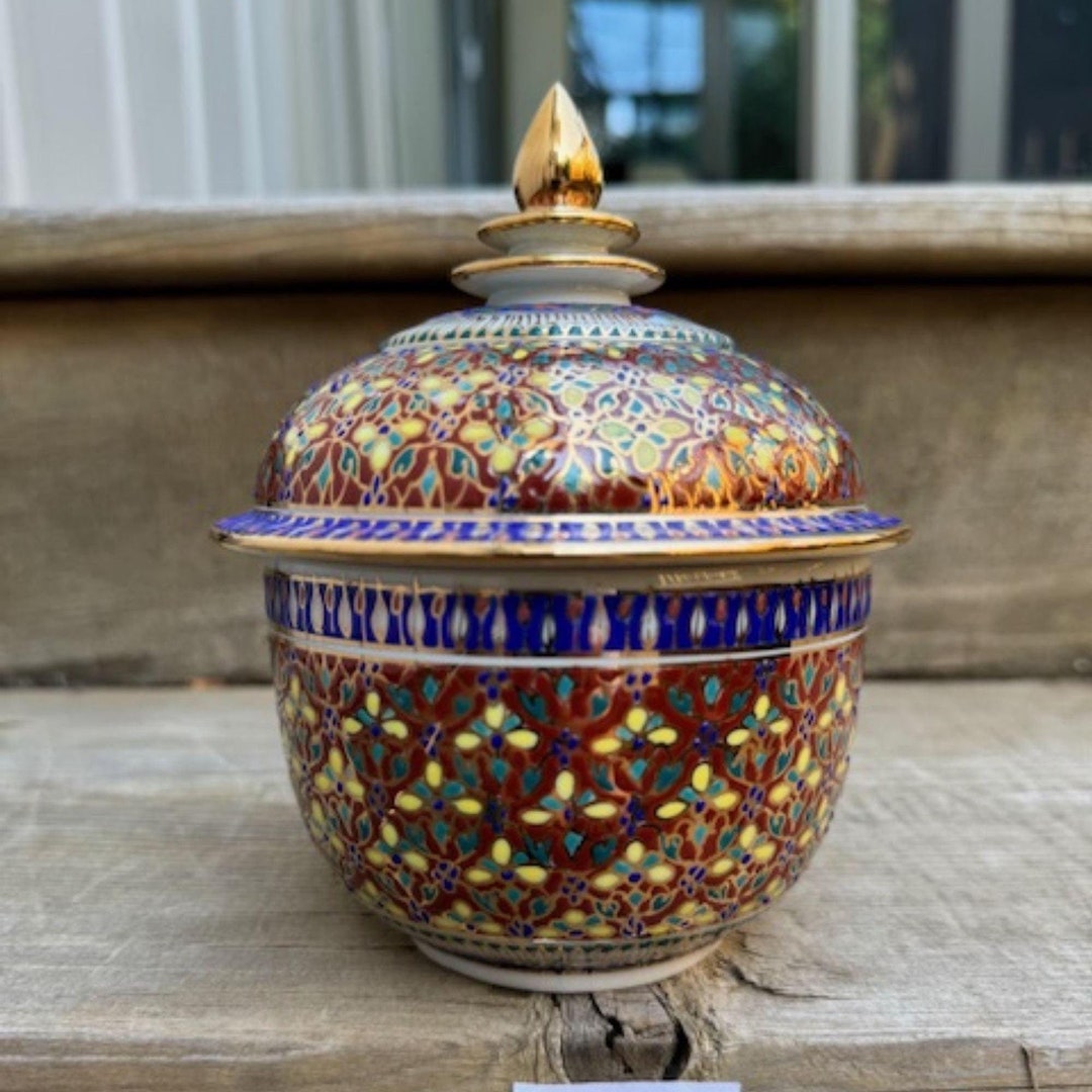 Vintage Thai Benjarong Porcelain Jar With Lid, Hand-painted Royal ...