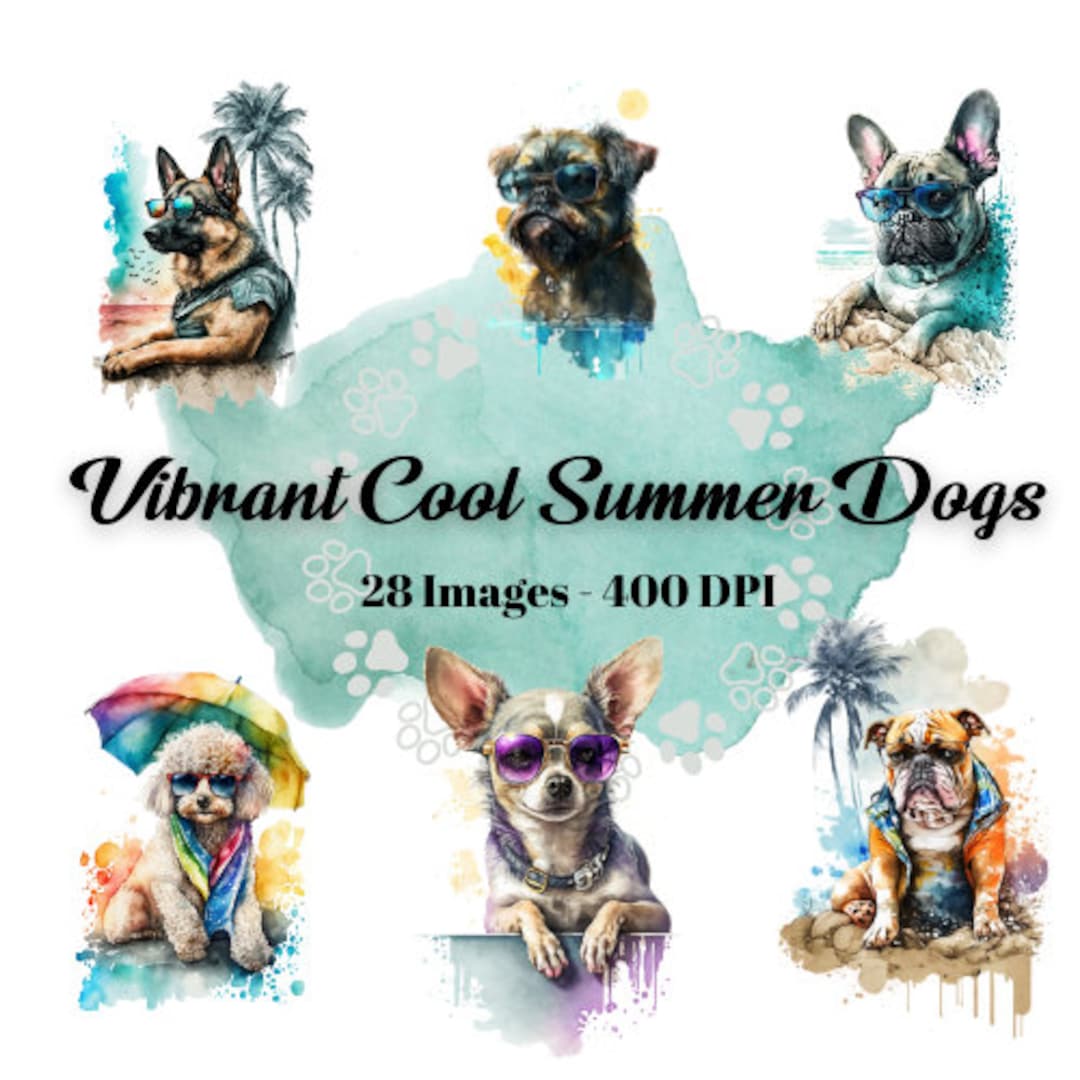 Vibrant Cool Summer Dogs Watercolor Clipart in PNG Format Commercial ...