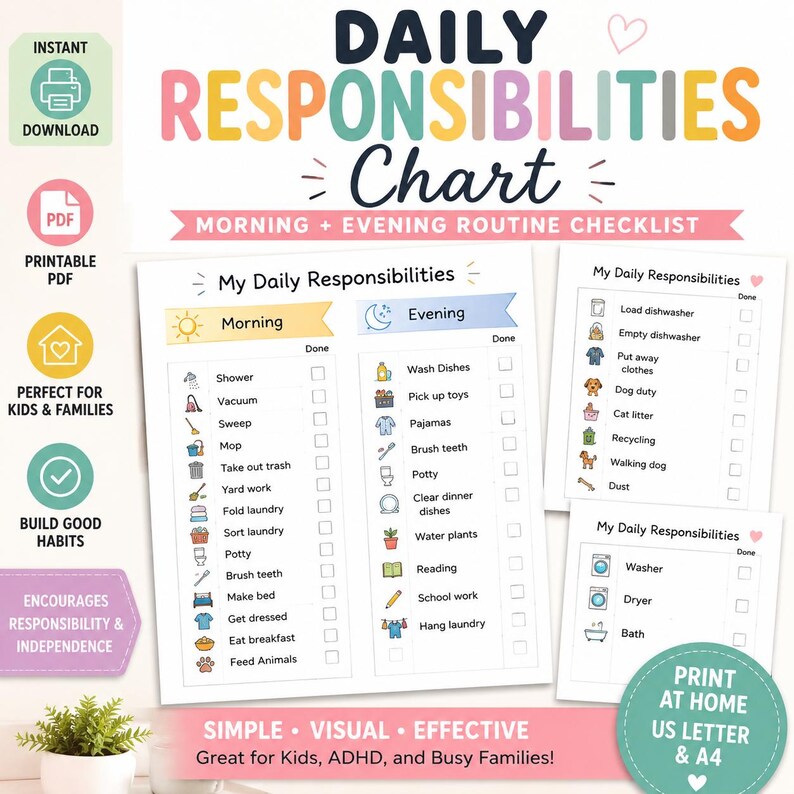 Daily Responsibilities Chart Printable | Kids Chore Chart | ADHD ...