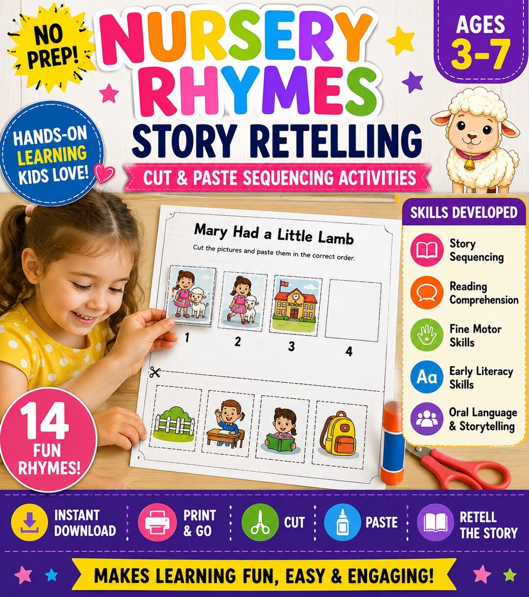Nursery Rhymes Story Retelling Worksheets | Cut and Paste Sequencing ...
