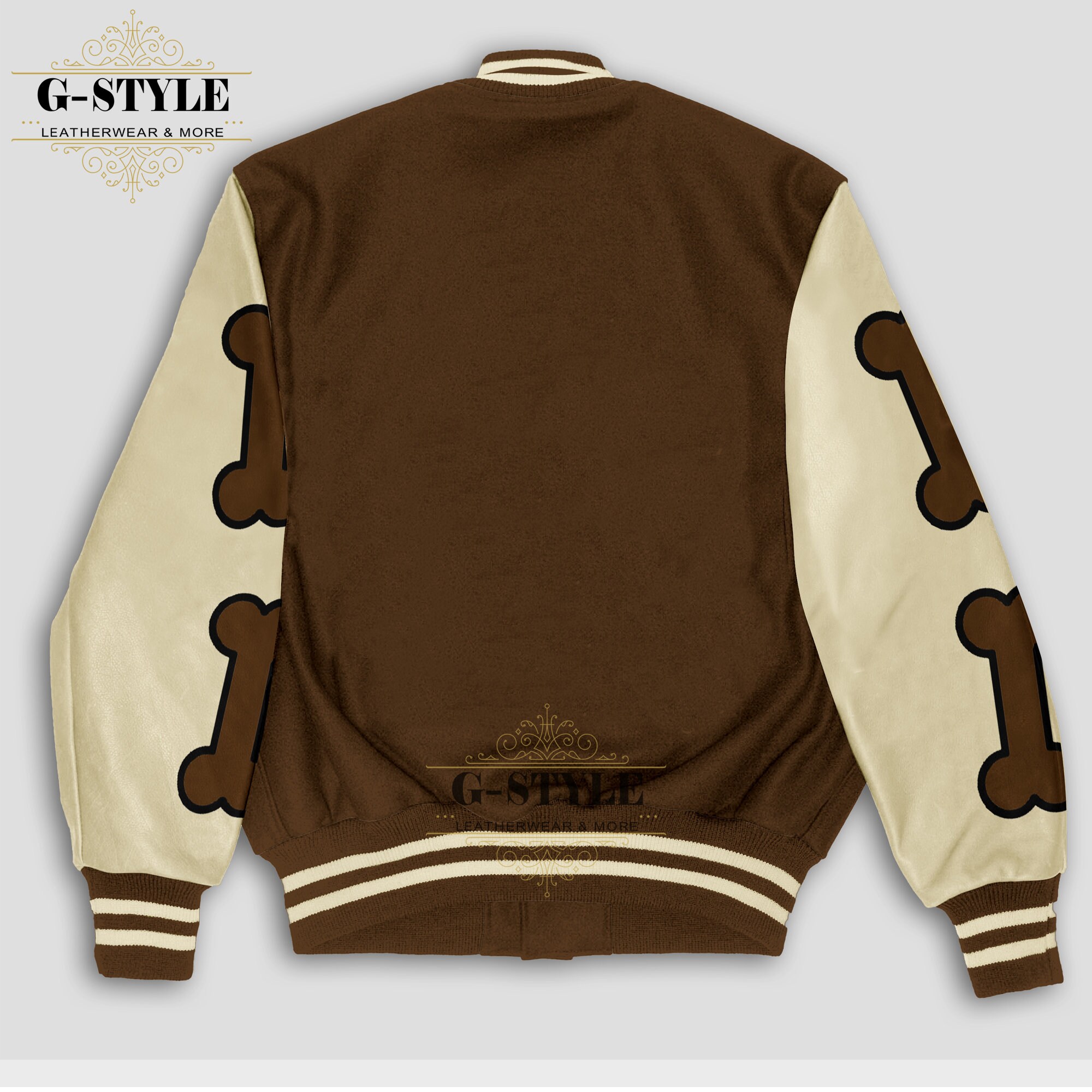 Brown Wool Bones Patches College Baseball Letterman Varsity Bomber Jacket Cowhide Leather ...