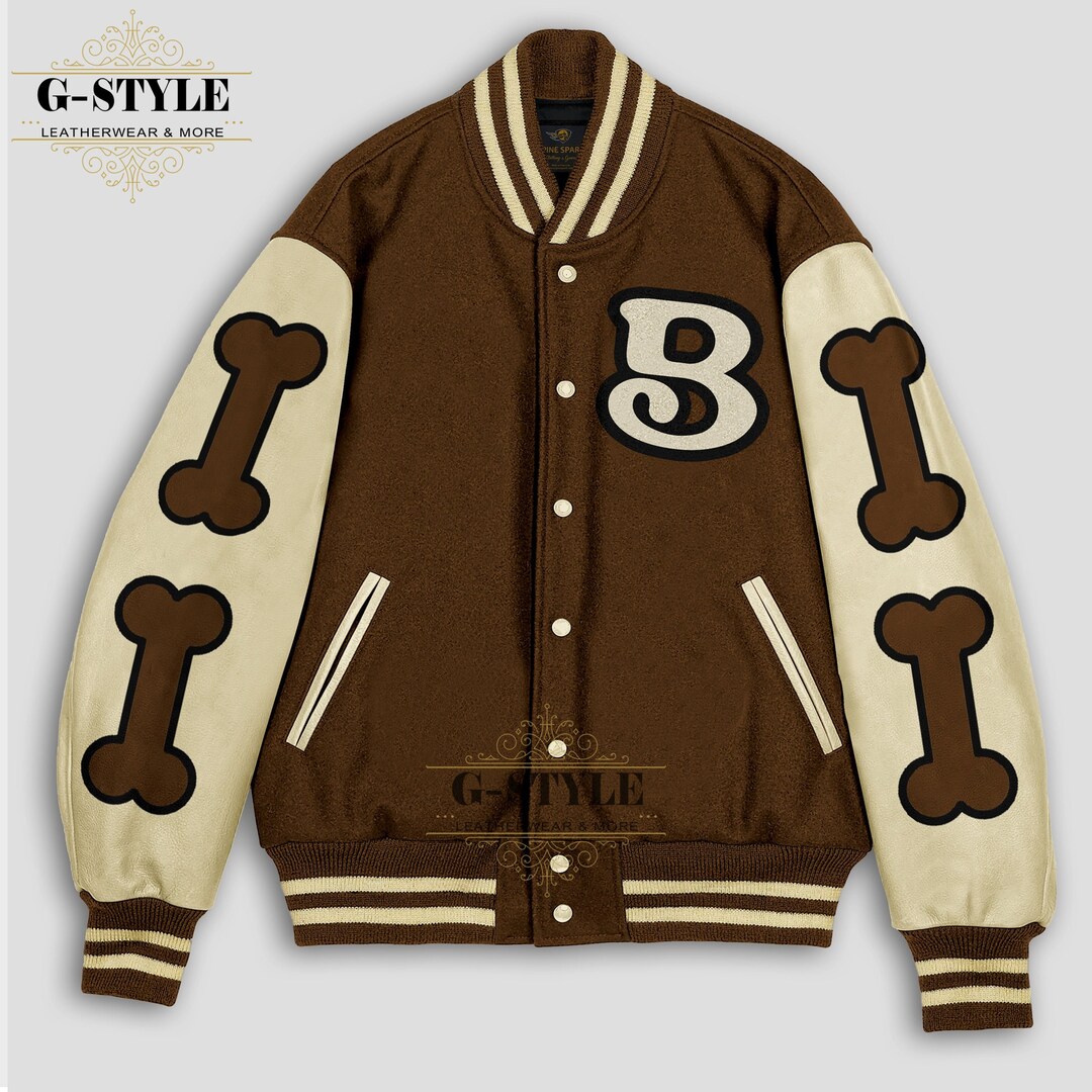 Brown Wool Bones Patches College Baseball Letterman Varsity Bomber ...
