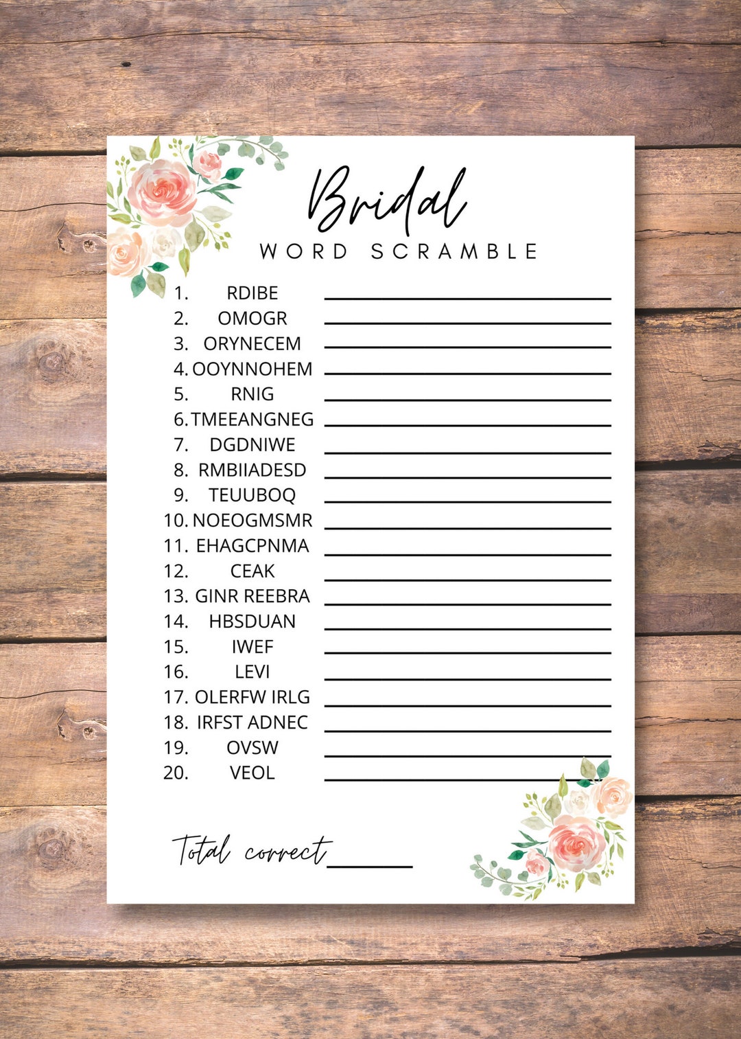 Pink Floral Bridal Shower Word Scramble Game 5"x7" - Etsy