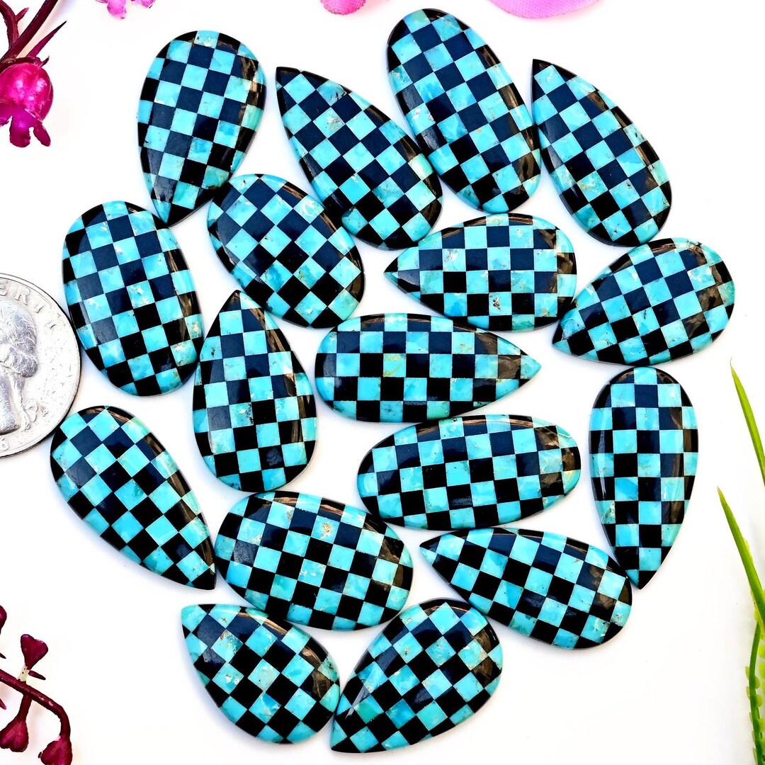 Checkerboard Turquoise and Black Teardrop Oval Shapes Cabochons ...
