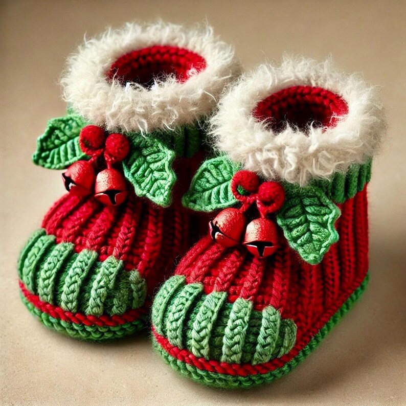 Festive Holly Baby Booties – Knitting Pattern With Fluffy Cuffs - Etsy