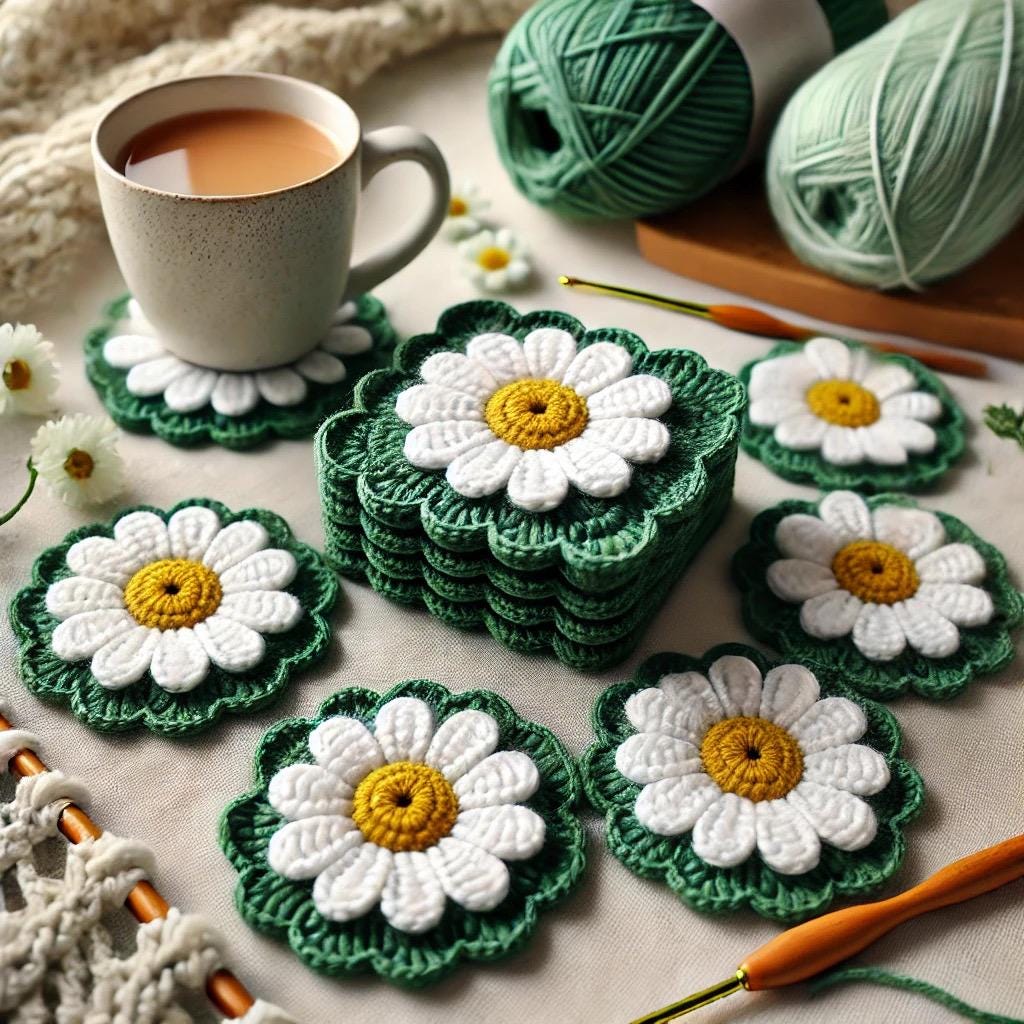 Handmade Daisy Crochet Pattern Coaster Set With Holder – Floral Table ...