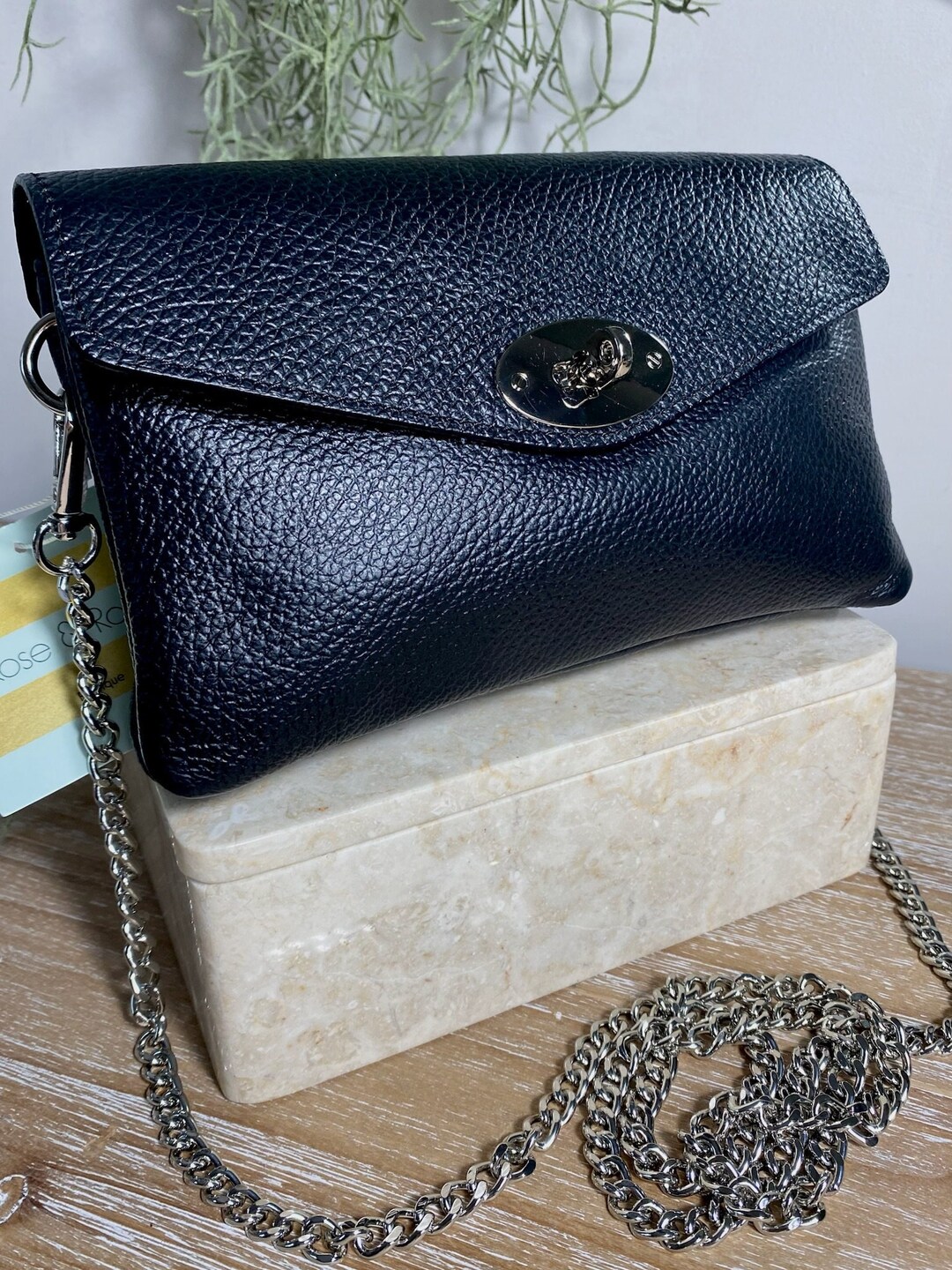 Black Twist Lock Bag, Chain Strap Bag, Black Leather Handbag, Classic ...