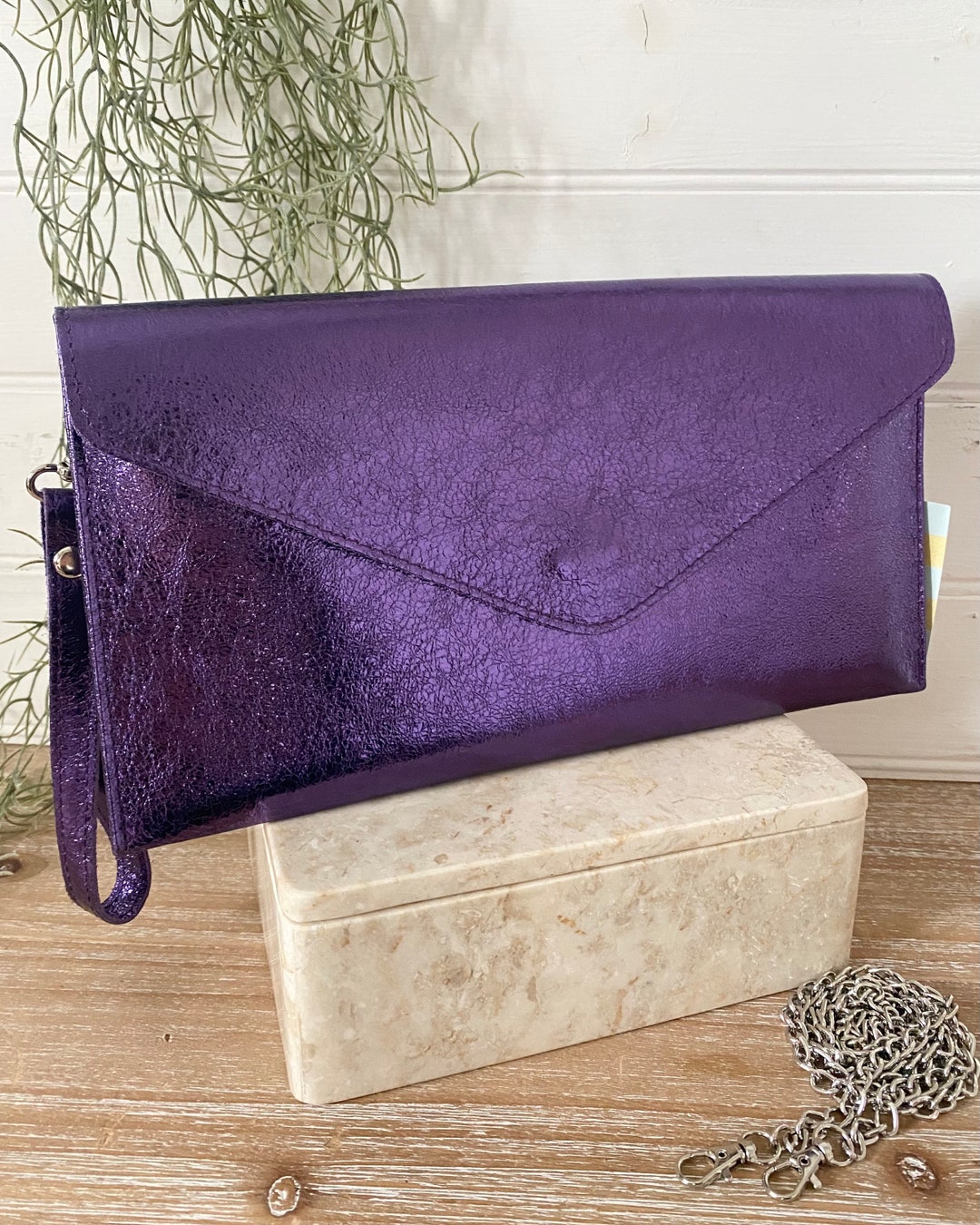 Purple Metallic Leather Clutch Bag: Italian Crossbody With Chain Strap ...