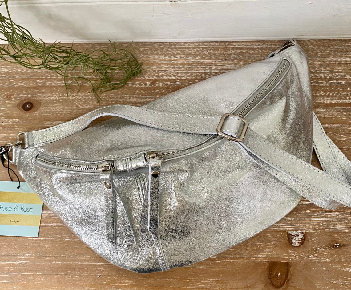XL Silver Sling Bag, Oversized Silver Chest Bag, XL Bum Bag, Holiday ...