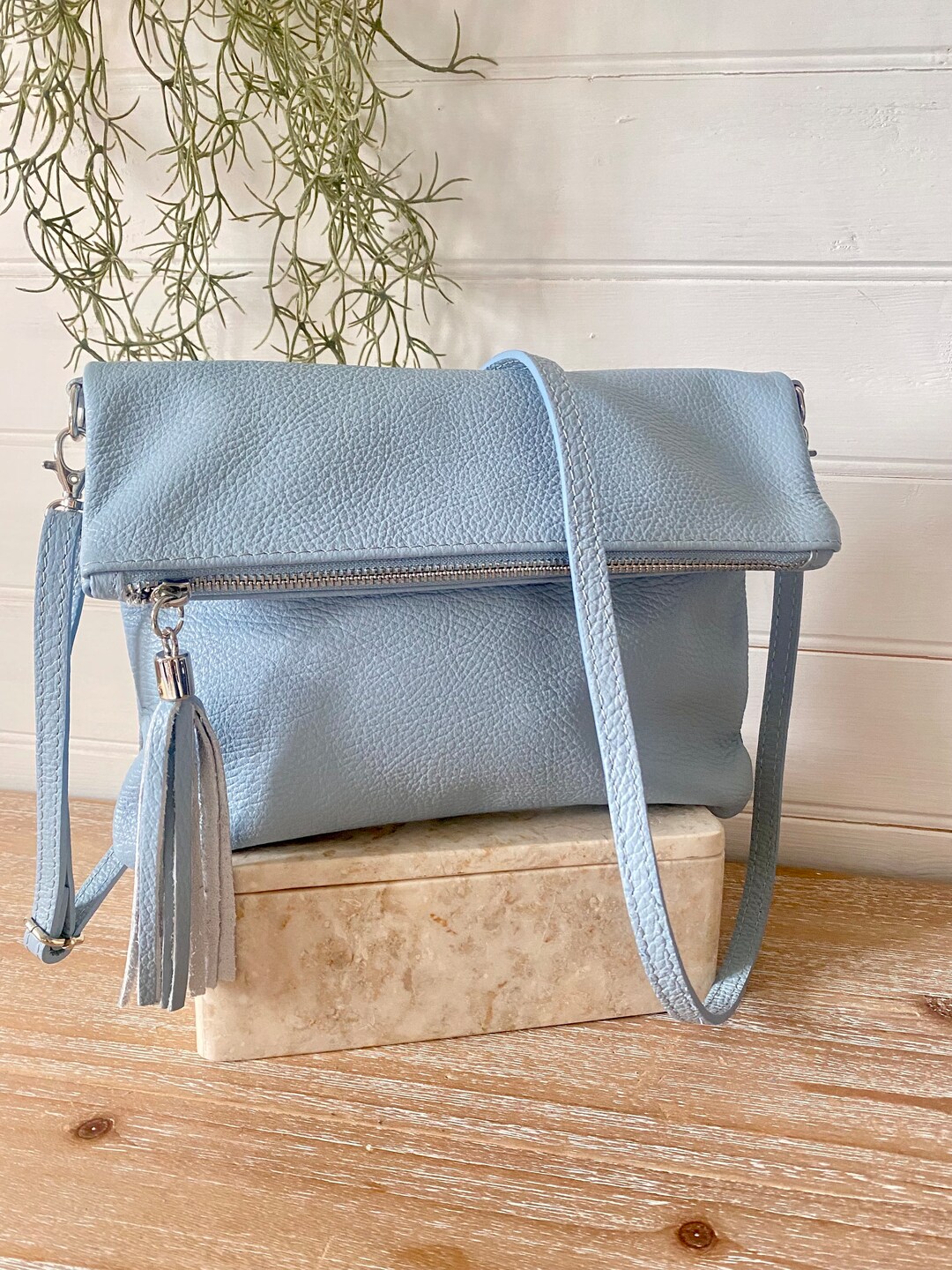 Blue Crossbody Bag - Pale Blue Leather Bag - Blue Tassel Bag - Baby ...