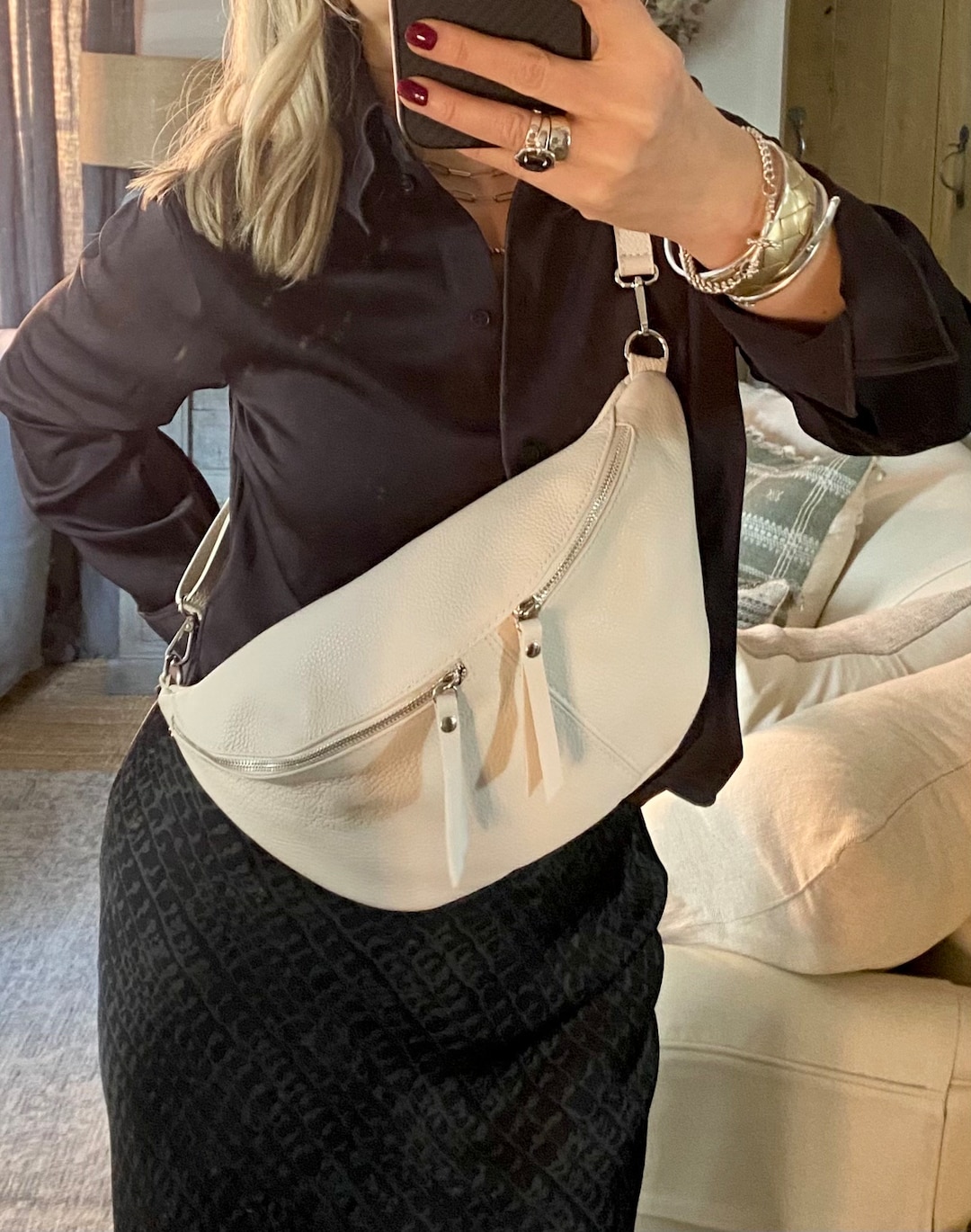 Cream Sling Bag, Oversized Chest Bag, XL Stone Bum Bag, Ladies Travel ...