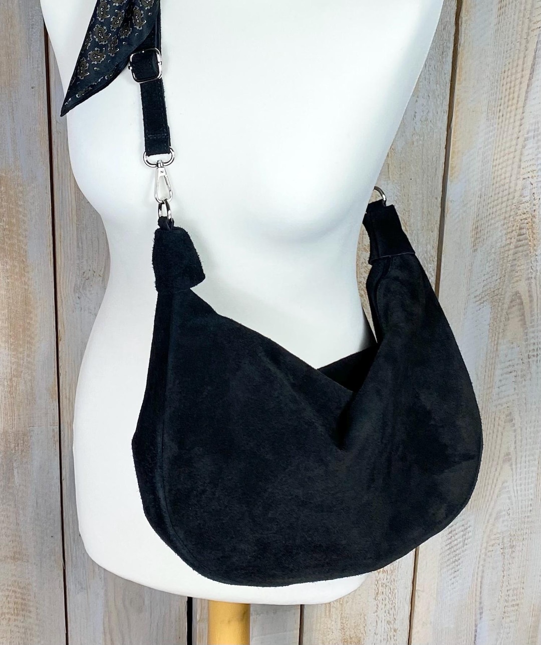 Genuine Suede Slouchy Bag: Black Half Moon Slouch Crossbody. Real Suede ...