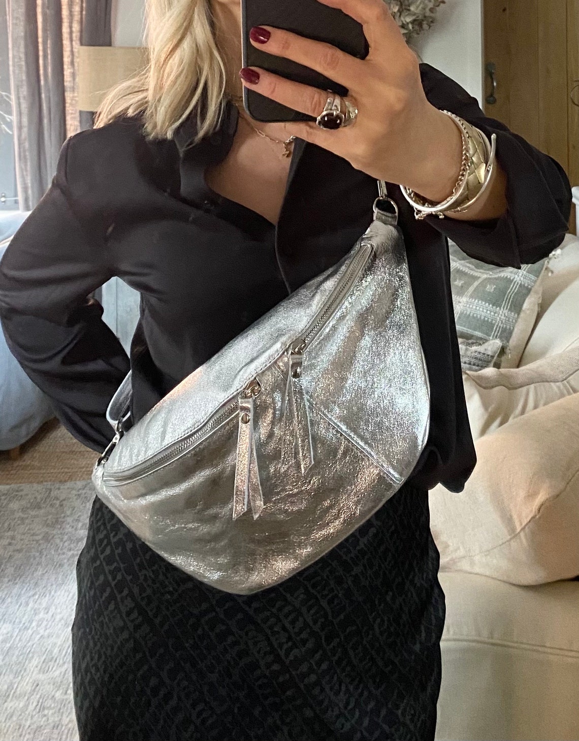 XL Silver Sling Bag, Oversized Silver Chest Bag, XL Bum Bag, Holiday ...